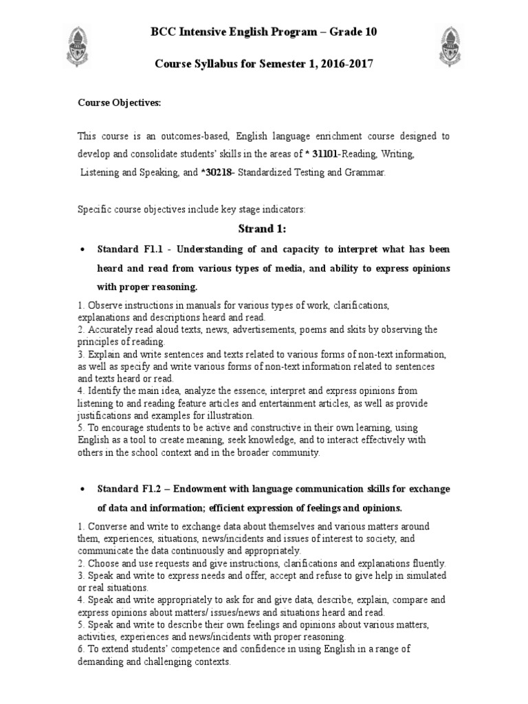 BCC Intensive English Program - Grade 10 Course Syllabus For Semester 1 ...