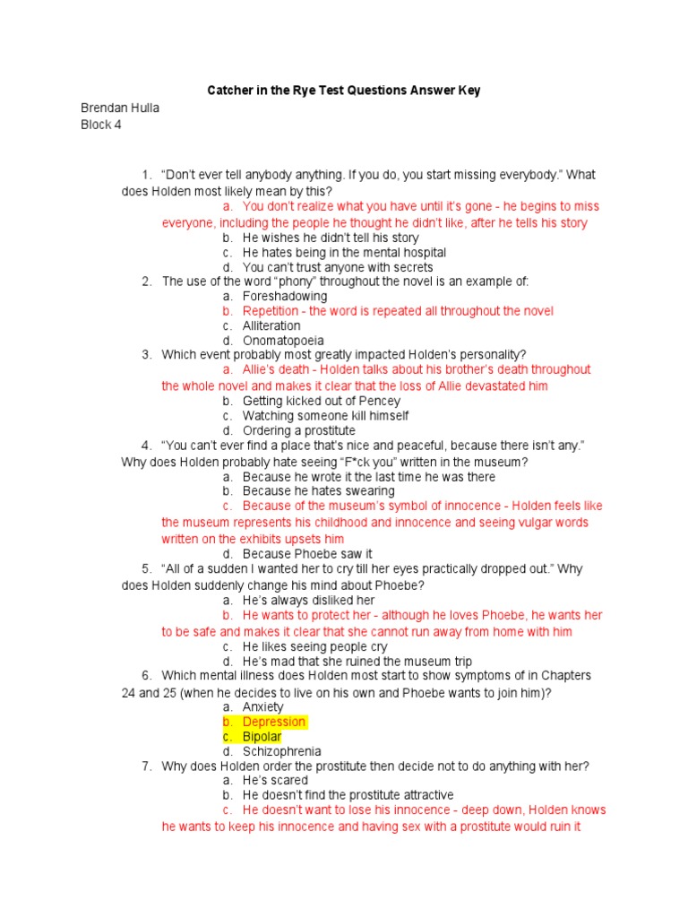 Catcher in The Rye Test Questions Answer Key | PDF | Art | Mystery ...