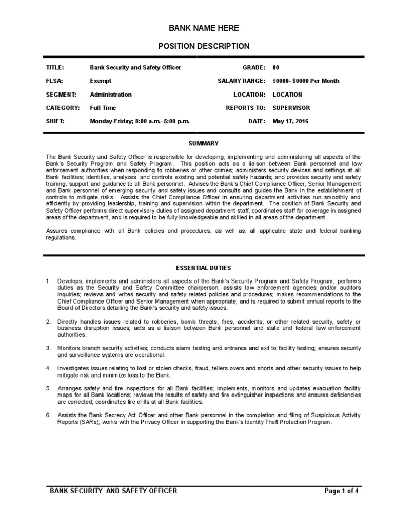 Bank Security and Safety Officer Template | PDF | Safety | Employment