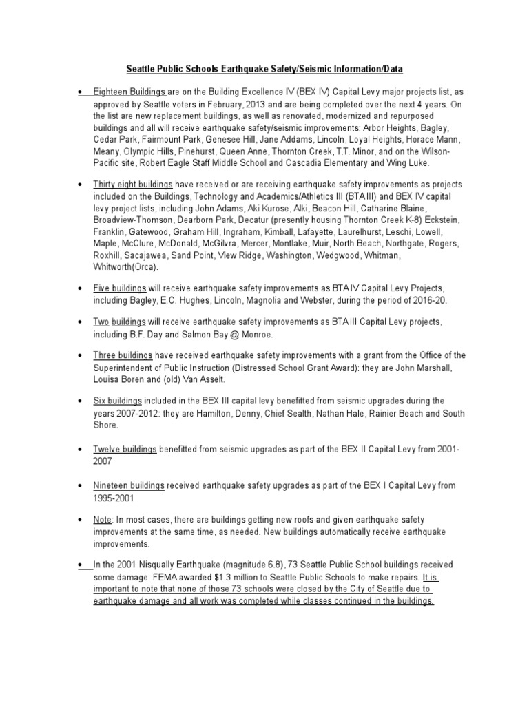 Seattle Schools Earthquake Safety Updates | PDF | Travel | Law
