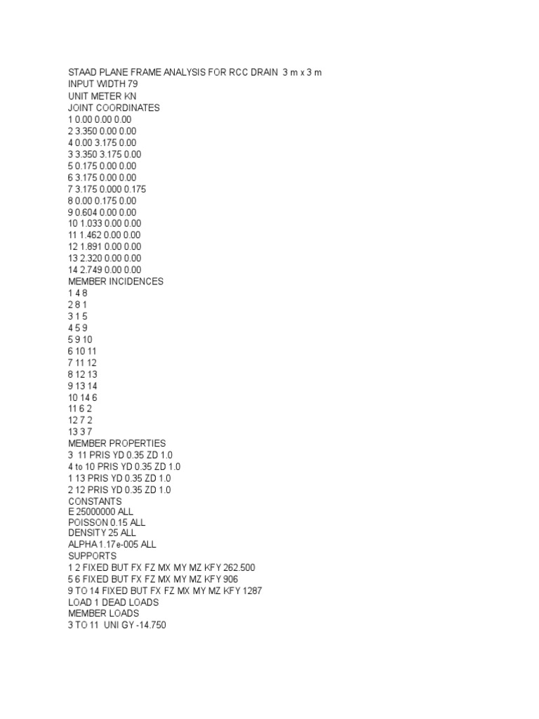 Staad Input File RCC Drain 3 M X 3 M | PDF