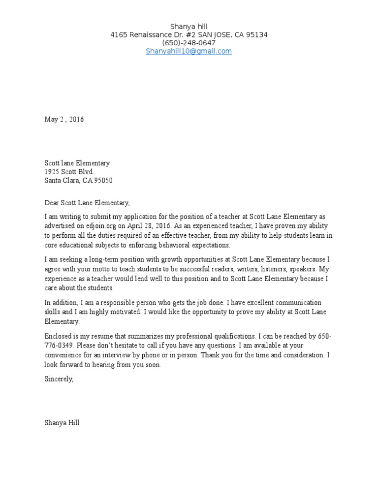 Teacher Application for Scott Lane Elementary | PDF
