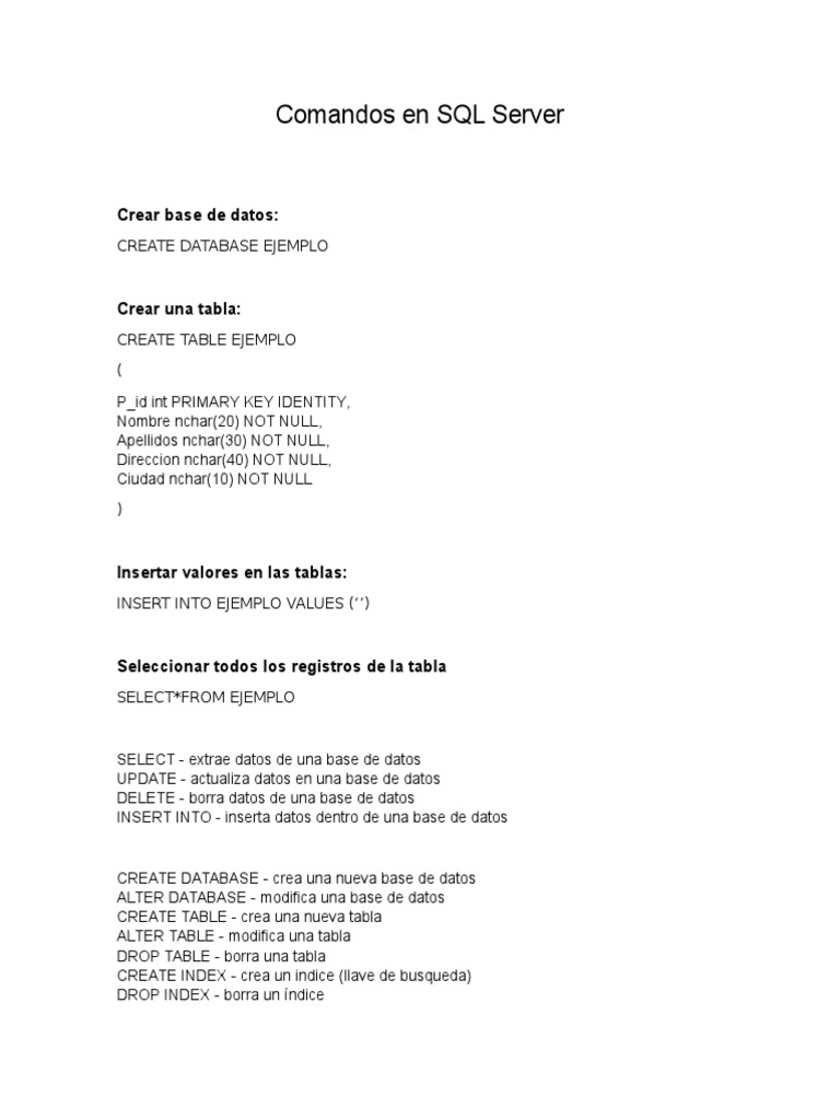 Comandos en SQL Server | PDF | Byte | Servidor SQL de Microsoft