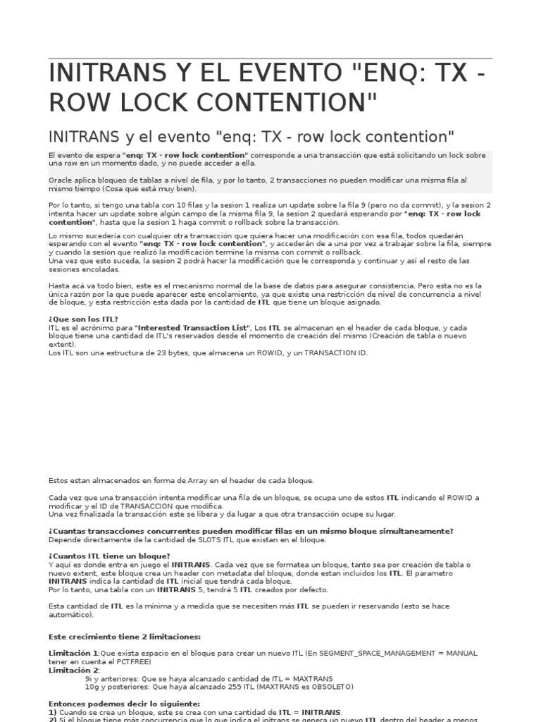 INITRANS y El Evento Enq TX - Row Lock Contention ExpoDBA | PDF | Tabla (base de datos ...