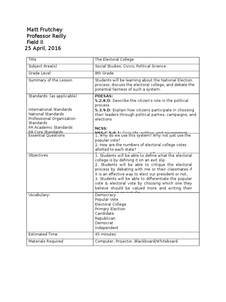Electoral College Lesson Plan Revised | PDF | Civics | Elections