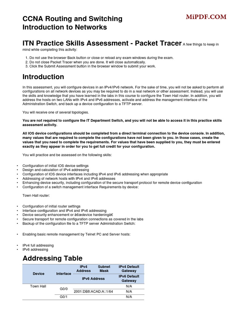 ITN Practice Skills Assessment - Packet Tracer | I Pv6 | Computer Network