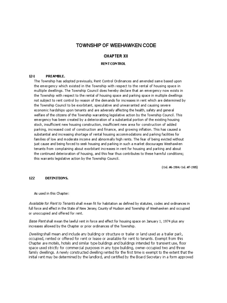 Weehawken Rent Control Ordinance | PDF | Expense | Leasehold Estate