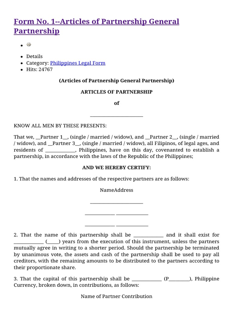Form No. 1--Articles of Partnership General Partnership Philippines ...