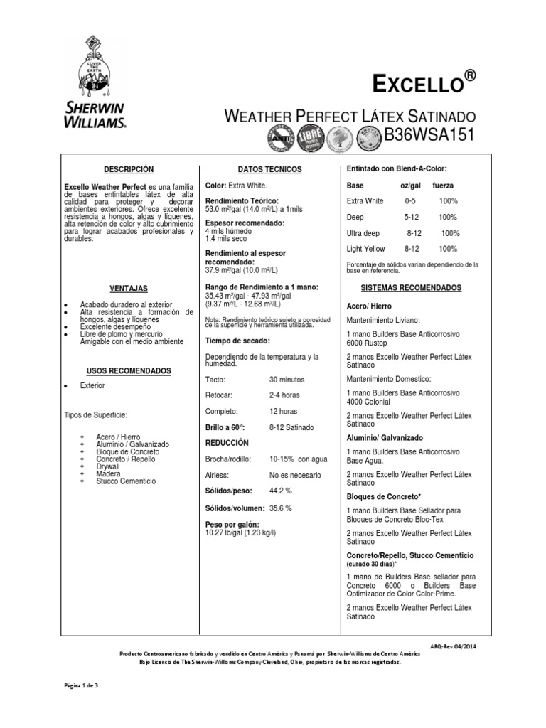 Excello Weather Perfect Latex Satinado Base Extra White | PDF | Pintar | Materiales