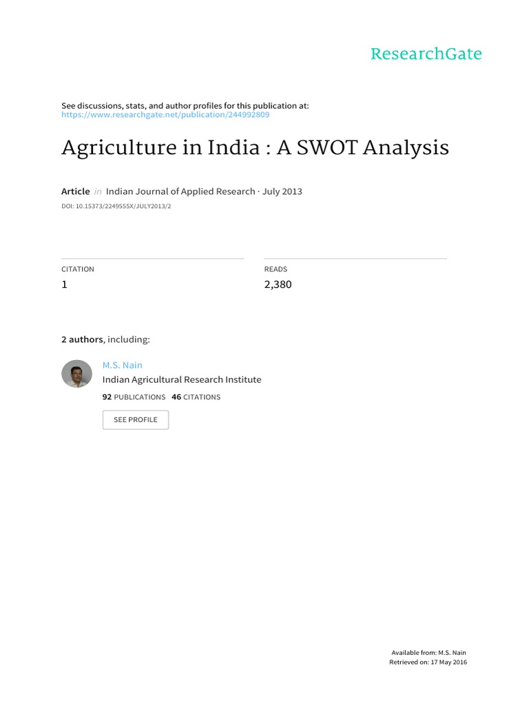 SWOT Analysis of Indian Agriculture | PDF | Organic Farming | Agriculture