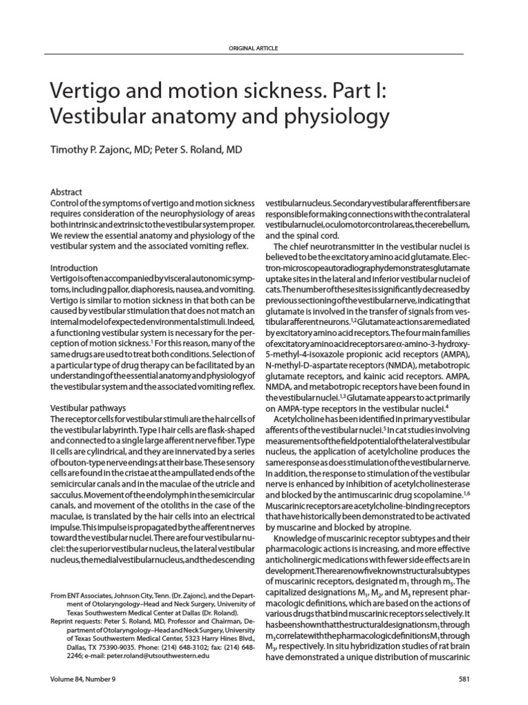Vertigo and Motion Sickness. Part I: Vestibular Anatomy and Physiology ...