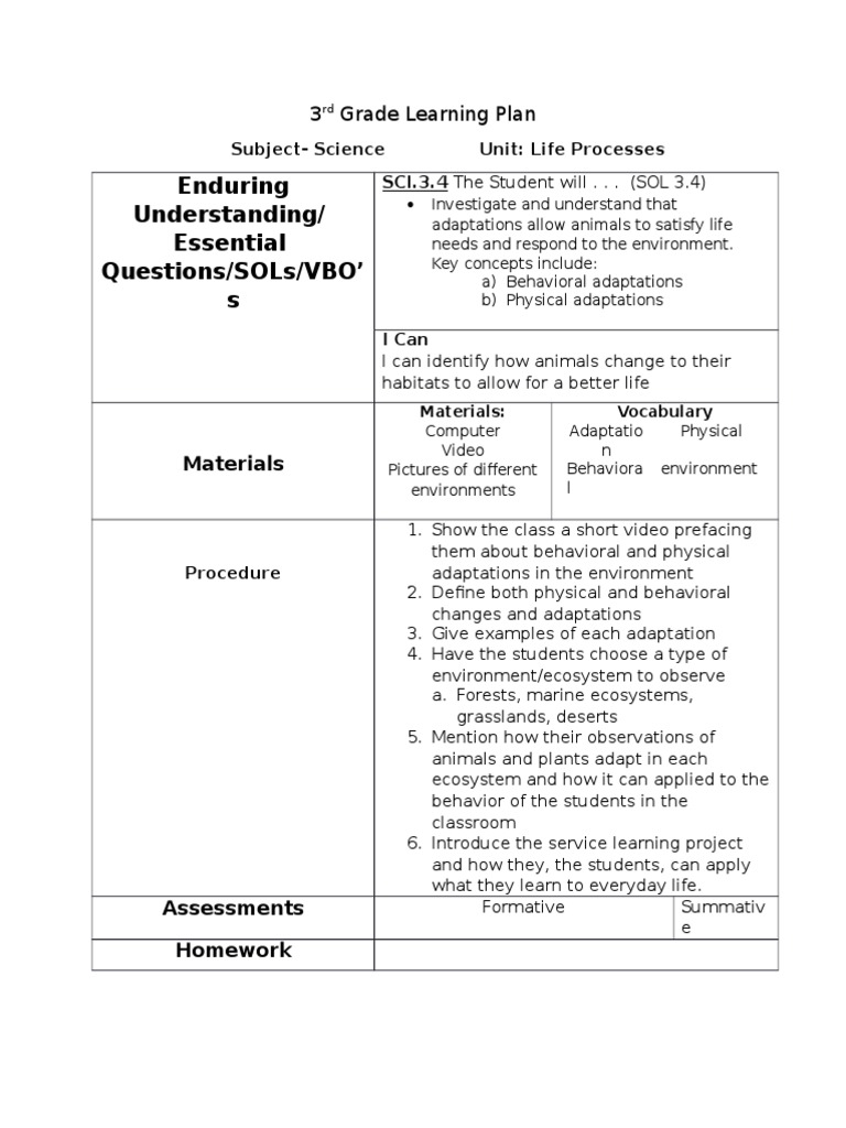 Enduring Understanding/ Essential Questions/Sols/Vbo' S: 3 Grade ...