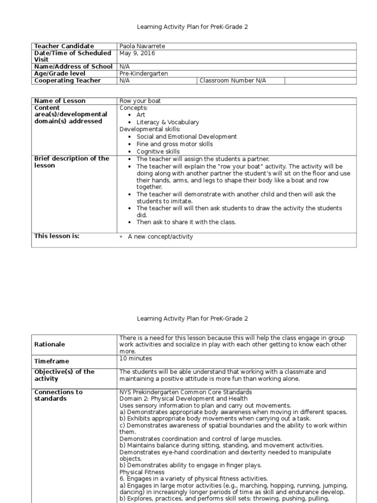 PreK "Row Your Boat" Activity Plan | PDF | Educational Assessment ...