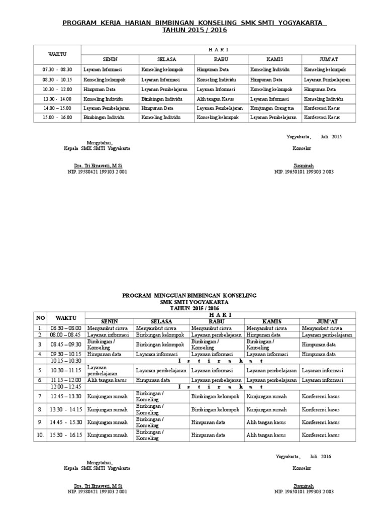Program Kerja Harian Bimbingan Konseling SMK Smti Yogyakarta | PDF