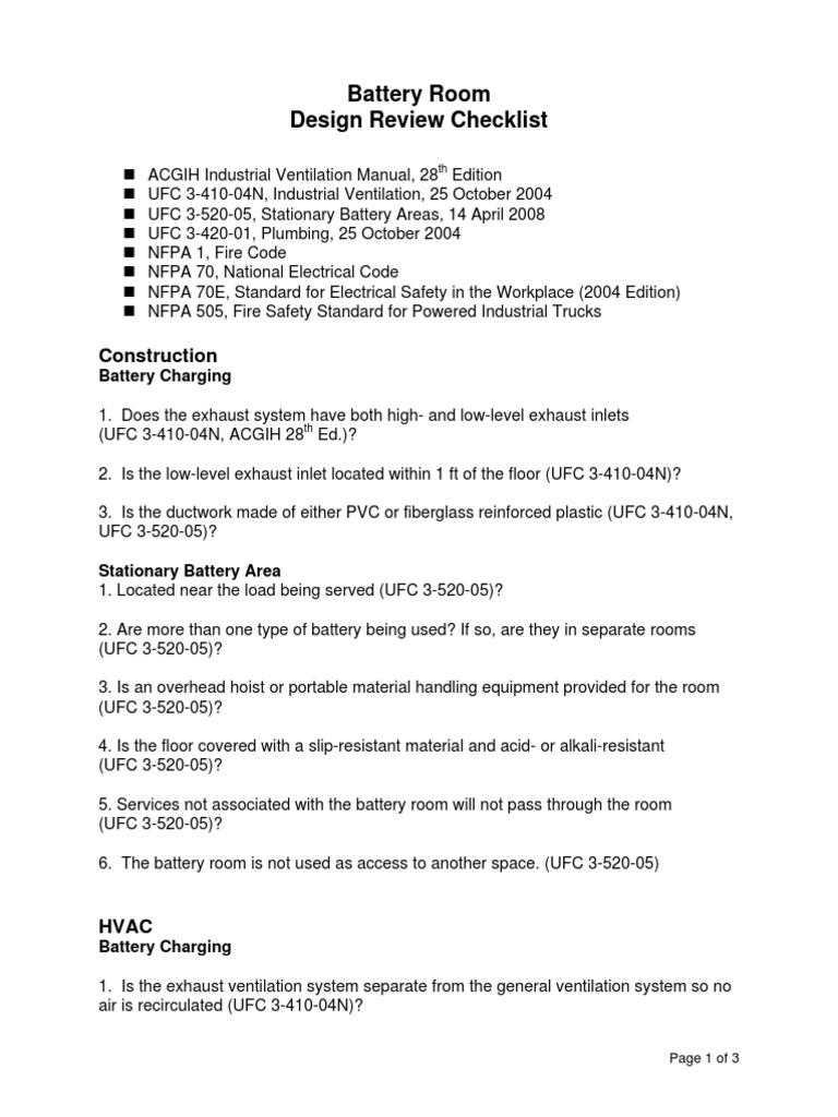 Battery Room Design Review Checklist 2014 | PDF | Battery (Electricity ...