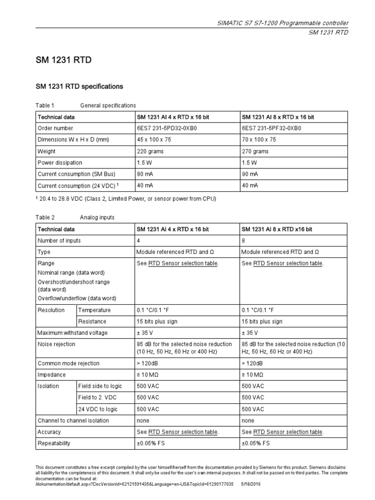 SM 1231 RTD Module Specifications | PDF | Resistor | Sensor