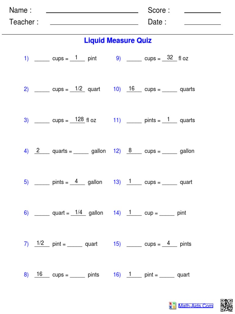 Measurement Liquid Measure Quiz | PDF | Pint | Gallon