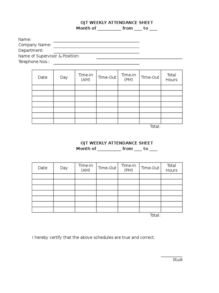 OJT Attendance Form | PDF