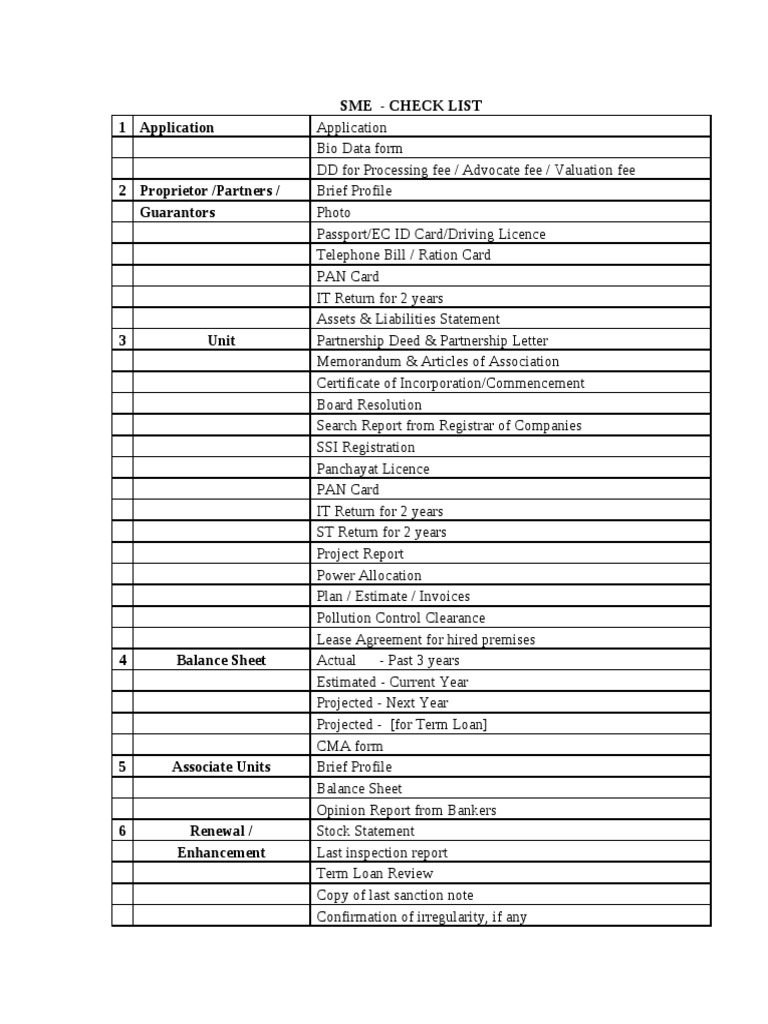 SBI SME Checklist - SME PDF | PDF