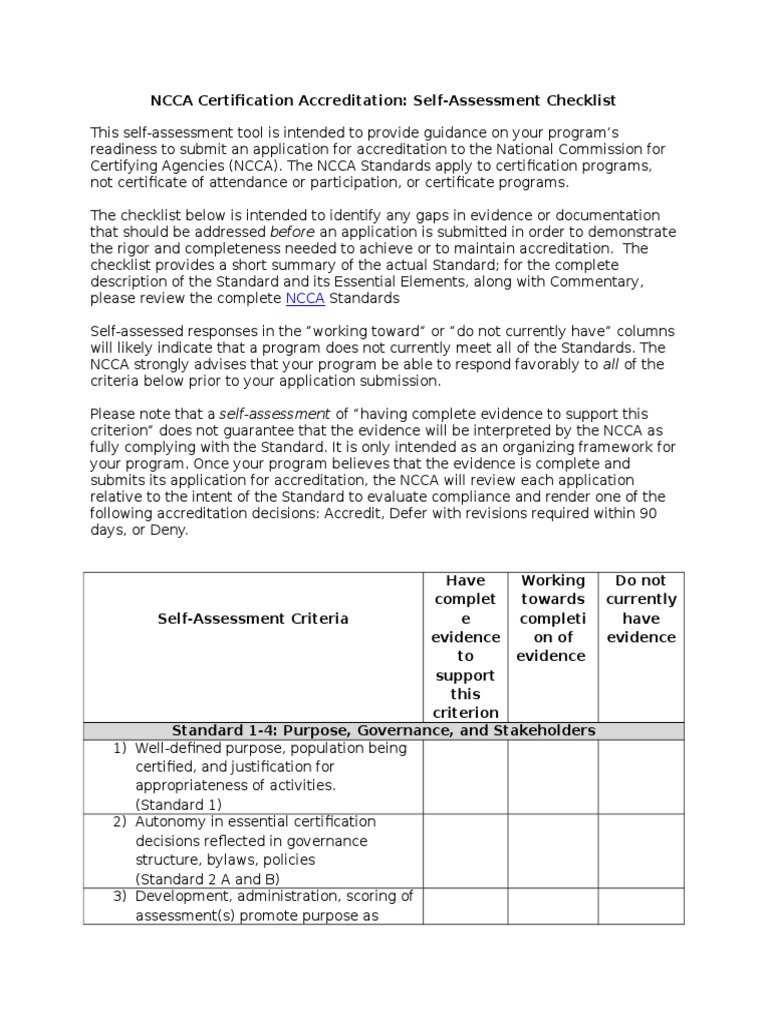 NCCA Certification Self-Assessment Checklist | PDF | Professional ...