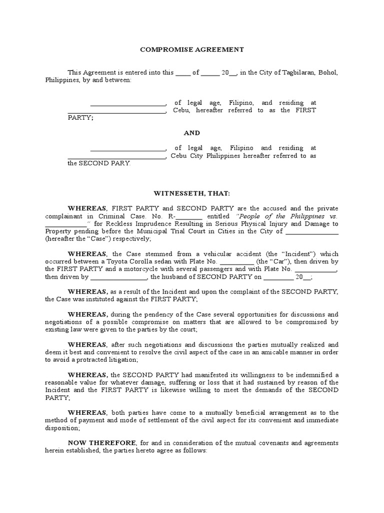 Sample Compromise Agreement | Insurance | Lawsuit