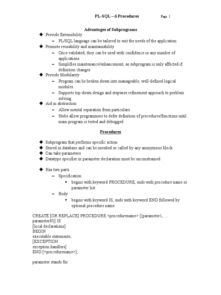 PL-SQL - 6 Procedures Advantages of Subprograms | PDF | Subroutine ...