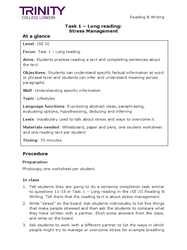 Stress Management Reading Exercise | PDF | Reading (Process) | Stress ...