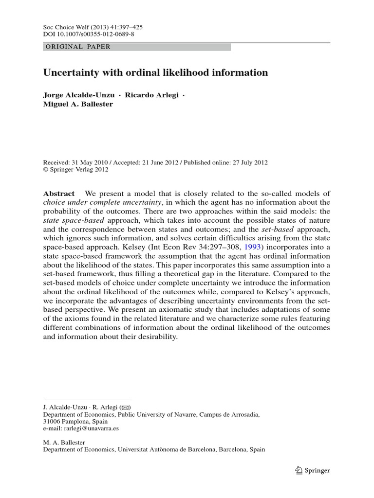 Uncertainty With Ordinal Likelihood Information | PDF | Utility | Function (Mathematics)