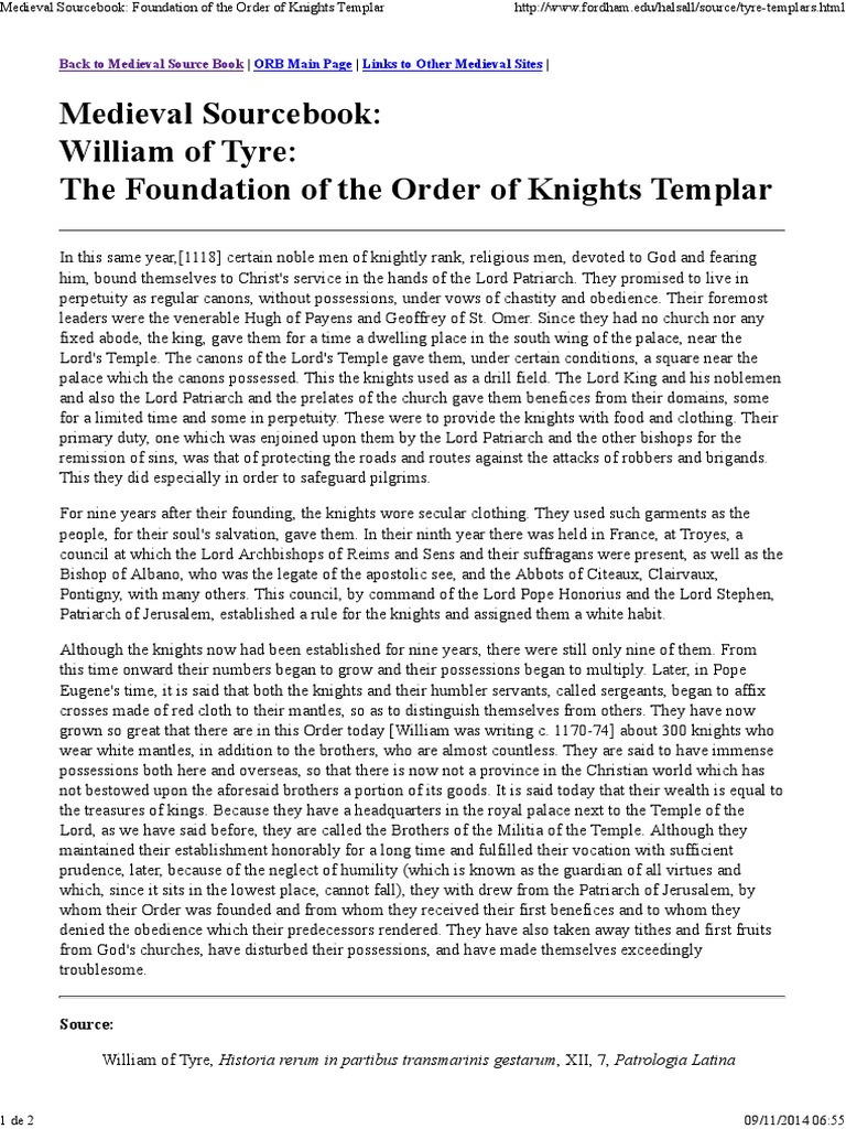 Medieval Sourcebook - Foundation of The Order of Knights Templar | PDF ...