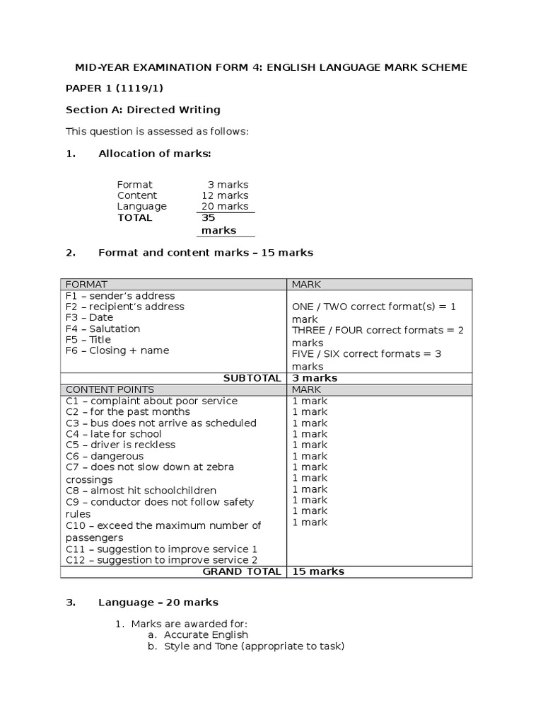 English f4 Mid-Year Mark Scheme | PDF | Vocabulary | Sentence (Linguistics)