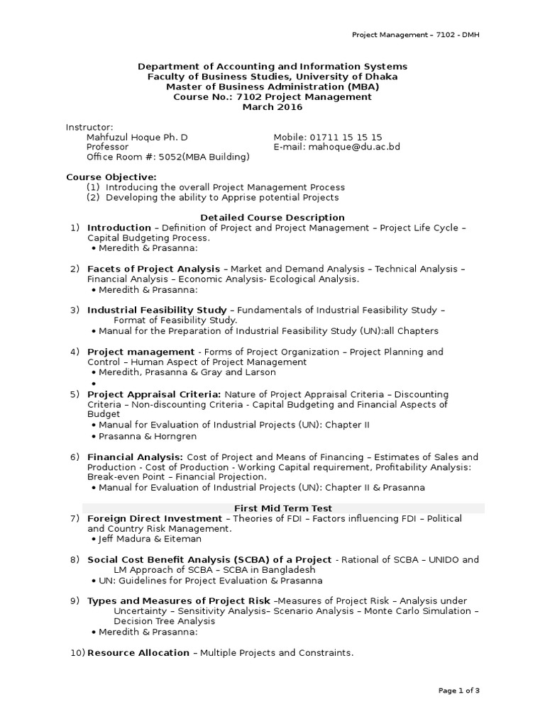Course Outline Project Management | PDF | Feasibility Study | Test ...
