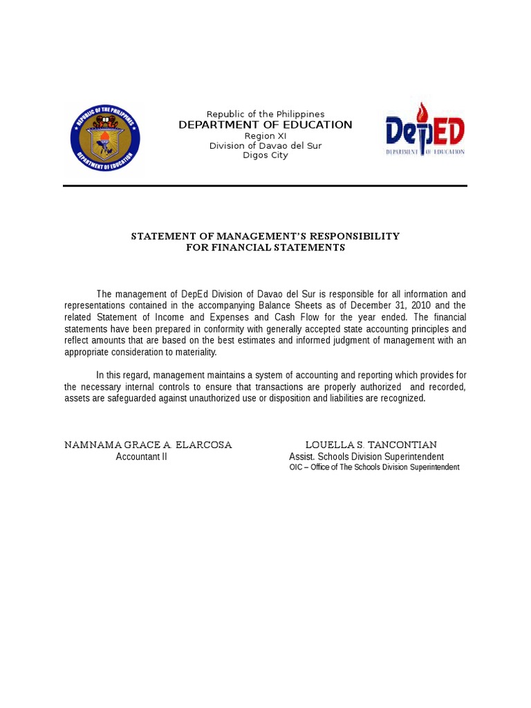 2010 Management Responsibility | PDF | Balance Sheet | Financial Statement