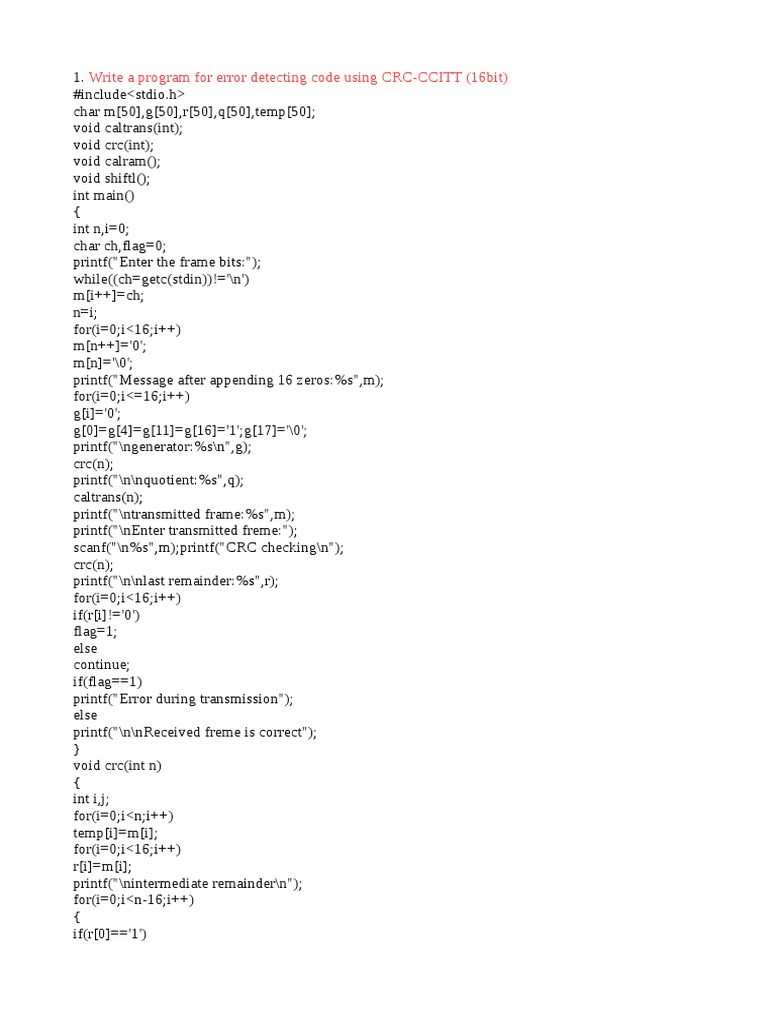 Write A Program For Error Detecting Code Using CRC-CCITT (16bit) | PDF