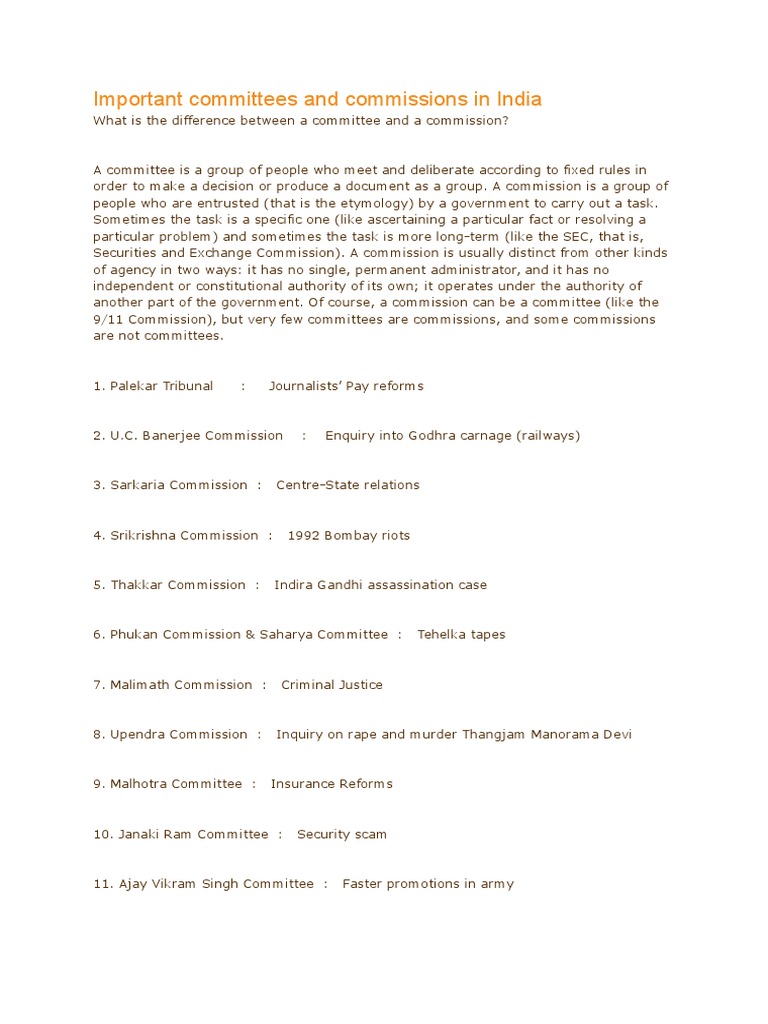 Key Committees and Commissions in India | PDF | Government Of India ...