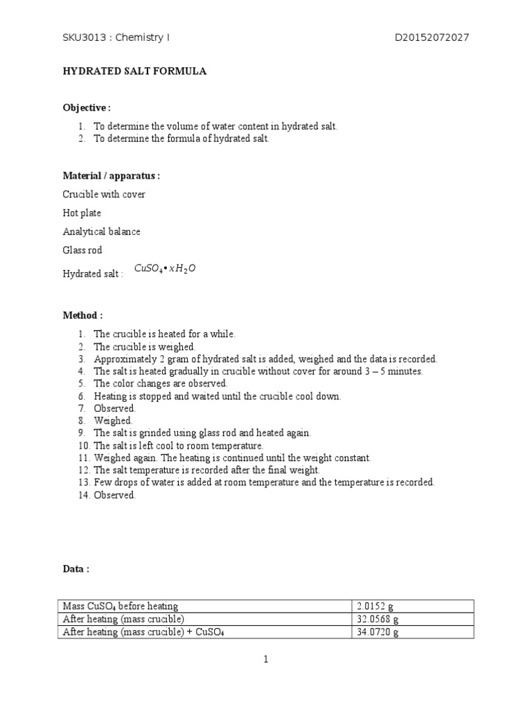 Exp 4 - Hydrated Salt Formula | PDF | Mole (Unit) | Atoms