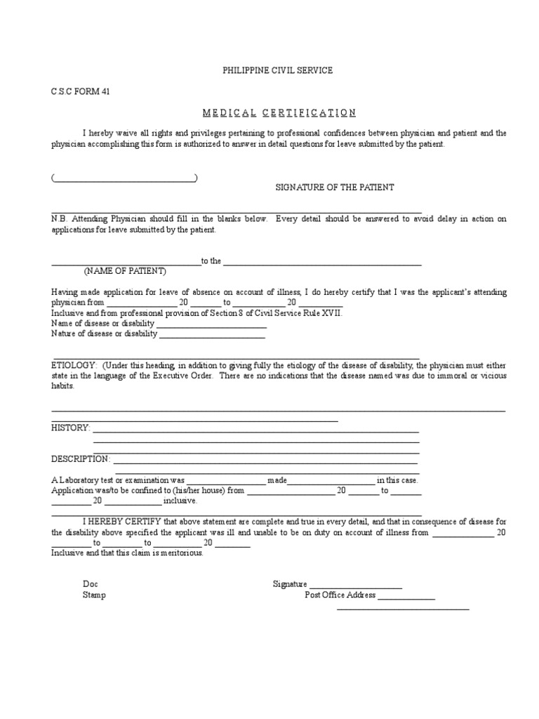Civil Service Form 41 Medical Certificate | PDF | Health Sciences ...