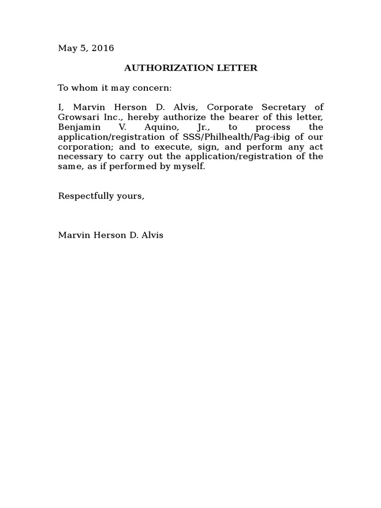 Authorization Letter - Ben Aquino | PDF | Politics | Law