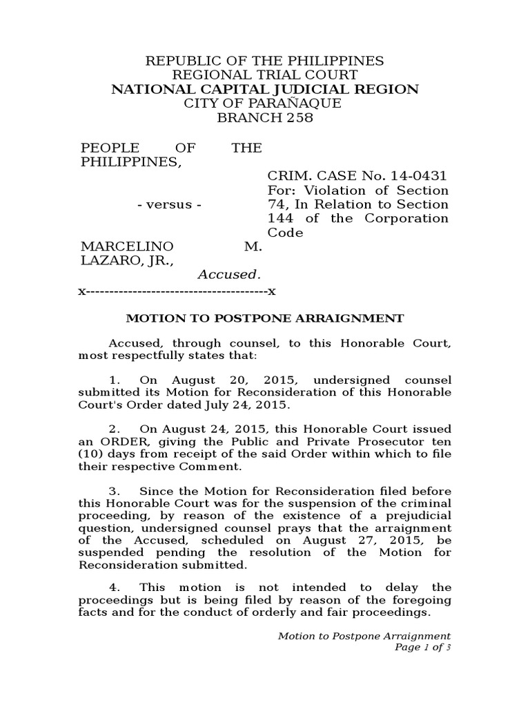 Motion To Postpone Arraignment | PDF | Arraignment | Criminal Justice