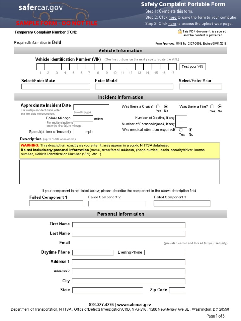 NHTSA Safety Complaint Form | PDF | National Highway Traffic Safety ...