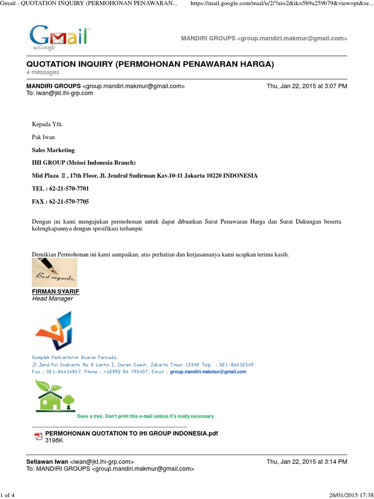 Gmail - Quotation Inquiry (Permohonan Penawaran Harga) | PDF | Karier ...