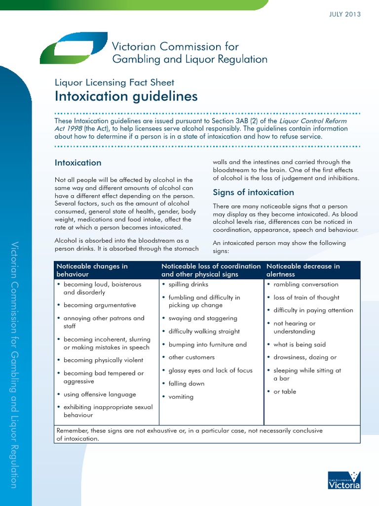 Intoxication Guidelines: Liquor Licensing Fact Sheet | PDF | Alcohol ...