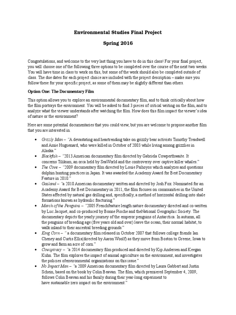 Environmental Studies Final Project Guide | PDF | Nature