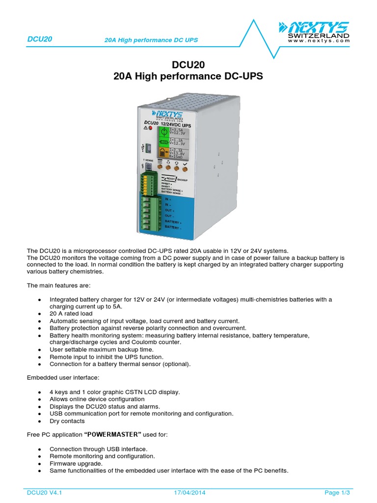 Datasheet DCU20 V4.1 | Battery (Electricity) | Battery Charger