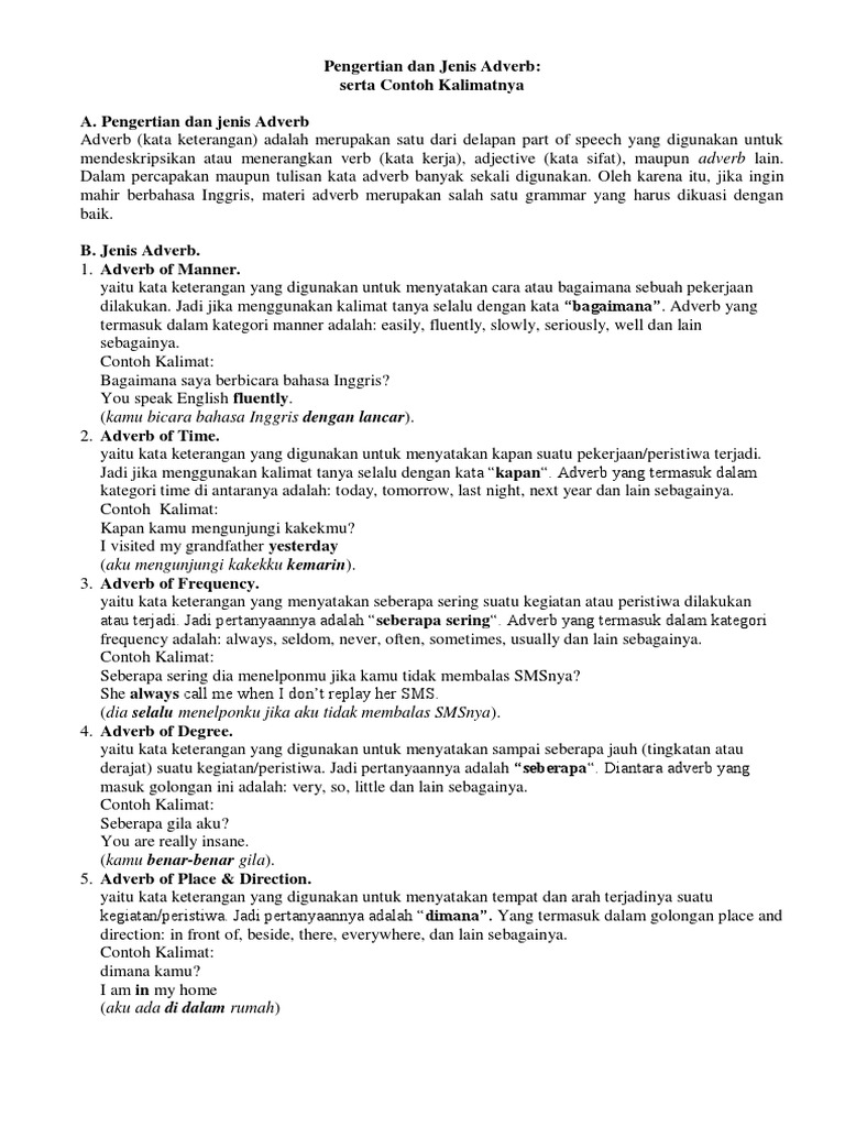 Pengertian Dan Jenis Adverb Serta Contoh Kalimatnya | PDF | Bahasa ...