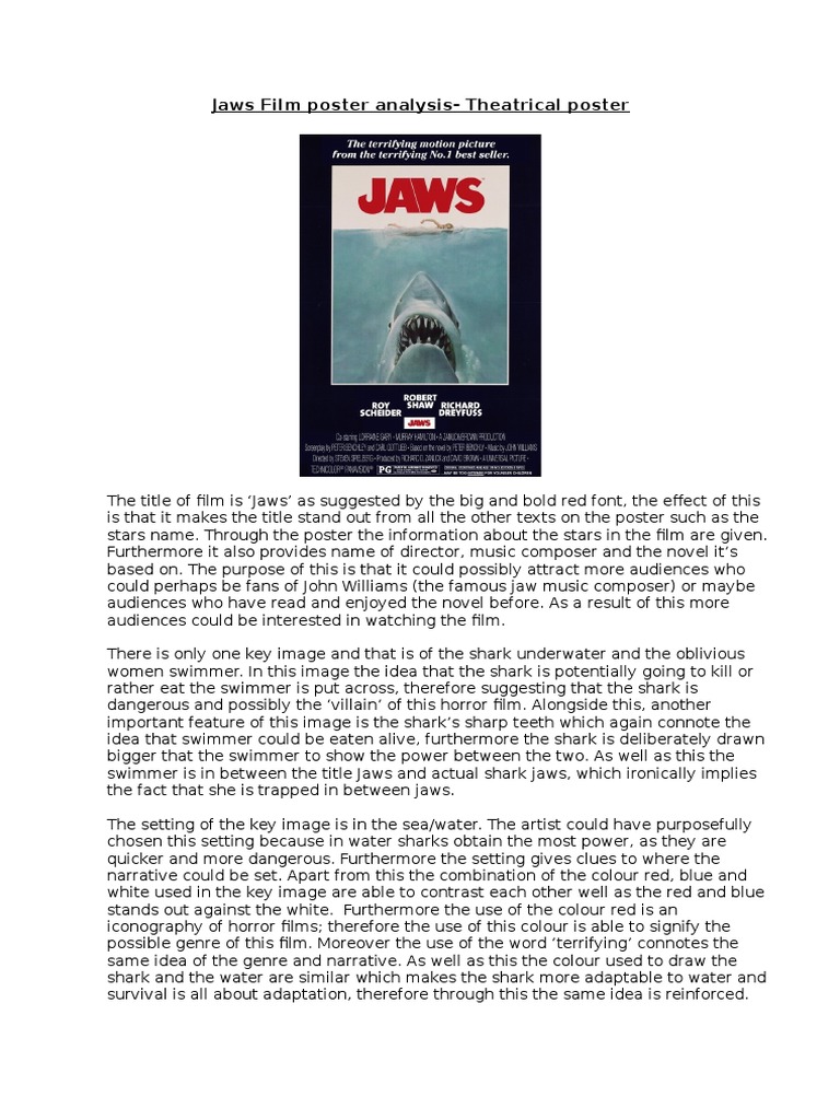 Jaws Theatrical Film Poster Analysis | PDF | Sharks | Genre