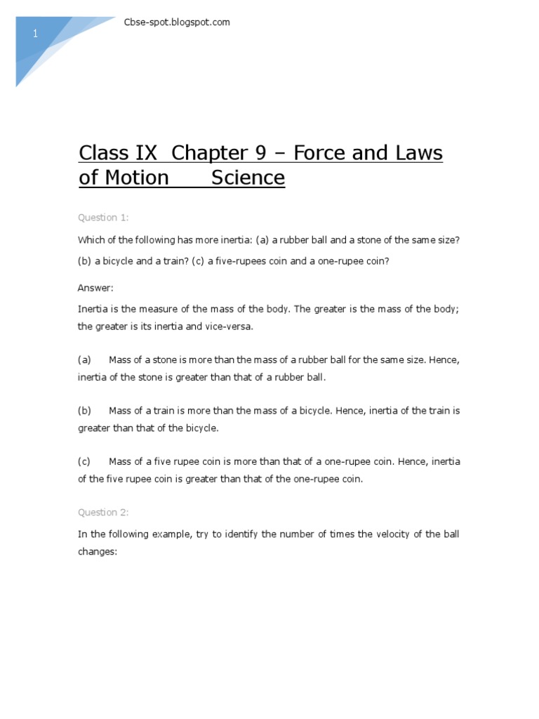 Inertia and Motion Concepts for Class 9 | PDF | Momentum | Force