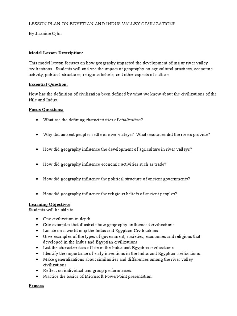 Lesson Plan On Egyptian and Indus Valley Civilizations | PDF ...
