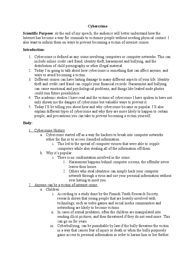 Outline For Informative Speech | PDF | Cybercrime | Crime & Violence