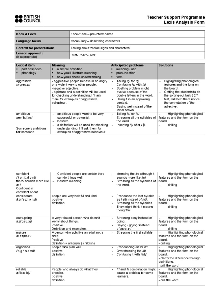 Lexis Analysis Form - Obs 6 | Download Free PDF | Stress (Linguistics ...