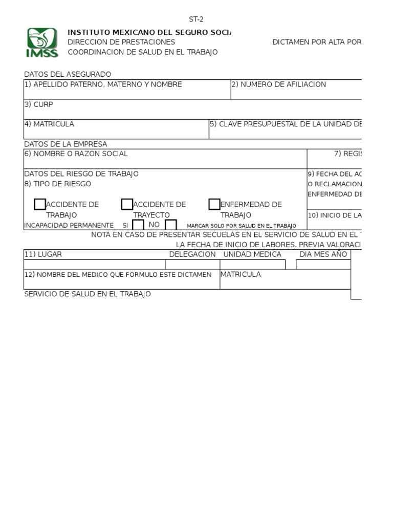 Formato ST-2: Alta por Riesgo de Trabajo | PDF | Salud y bienestar ...
